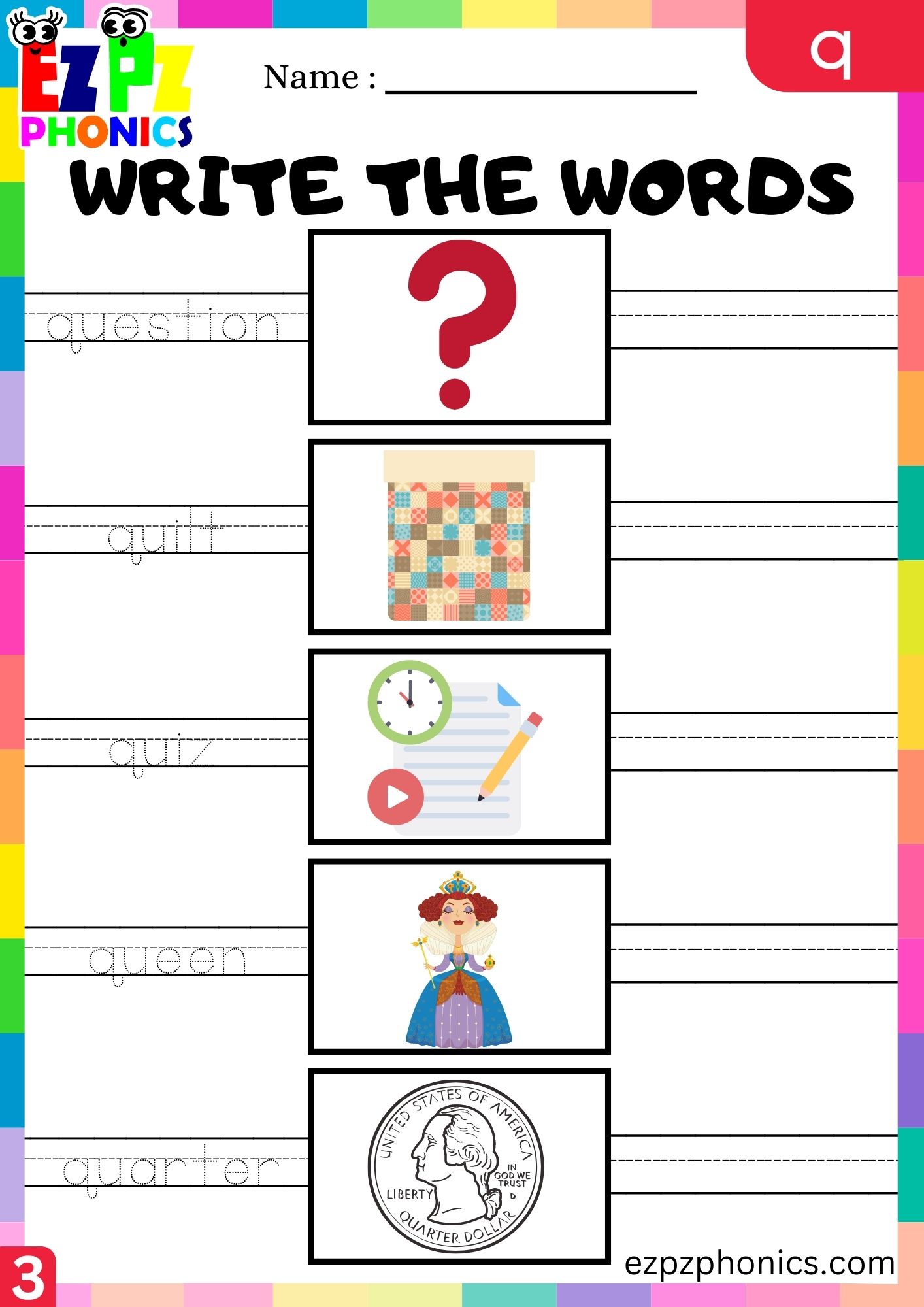 Letter q Write the Words Phonics Activity Group 3 - ezpzphonics.com